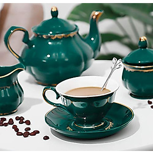 CHENP.HMC Tea Set 22-Piece Porcelain Ceramic Coffee Tea Gift Sets Cups Saucer Service for 6 Teapot Sugar Bowl Creamer Pitcher and Teaspoons Porcelain Tea Set for Mother's Day(WITHOUT Mug Hooks)