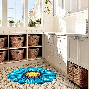 Sunflower Rugs for Bedroom Flower Shaped Rug for Bathroom Flower Rug for Kitchen Living Room, Hand Woven Sunflower Carpet, Modern Large Round Sunflower Rug and Mats, 35.5 Inches, Yellow