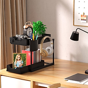 Jincancan Under Sink Organizer - Double Sliding Under Sink Organizers and Storage - 2 Tier Under Cabinet Organizer with 4 Hooks, Hanging Cup, Under Sink Storage for Kitchen