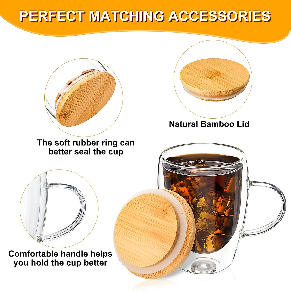 Eccliy 8 Pcs 12oz Double Walled Glass Coffee Mugs with Bamboo Lids Insulated Glass Coffee Cups Clear Tea Mug Glass Tea Cups with Handles for Hot or Iced Coffee Milk Tea Beverage Cappuccino Latte