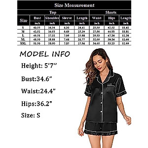 SWOMOG Soft Silk Satin Pajama Set for Women Summer Nightwear Short Sleeve Pjs Sets 2 piece Pyjamas Button Down Sleepwear Black