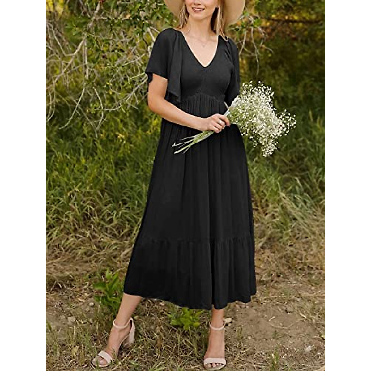 LILLUSORY Black Maxi Dresses for Women Summer Long Trendy Casual Flowy Funeral Short Flutter Sleeve Dress with Pockets