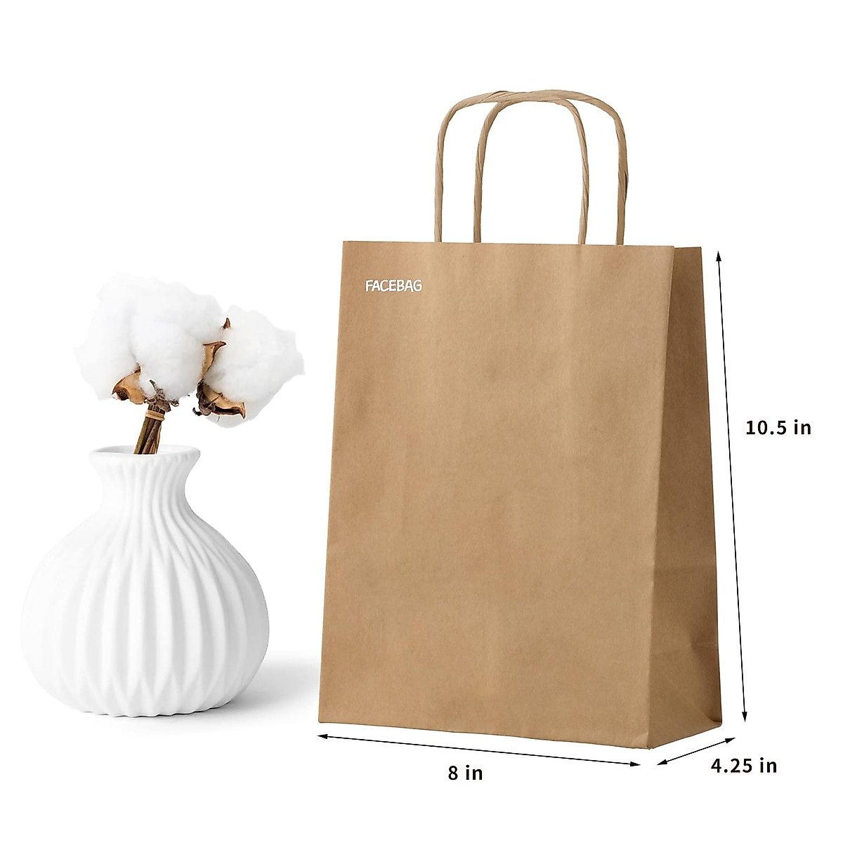 FACEBAG 50-Pack Brown Paper Bags with Handles Bulk, 8x4.25x10.5 Inches,Medium-sized Gift Bags with Handles for Party Favors，Take-Out，Grocery Shopping & Retail，Reusable & Durable