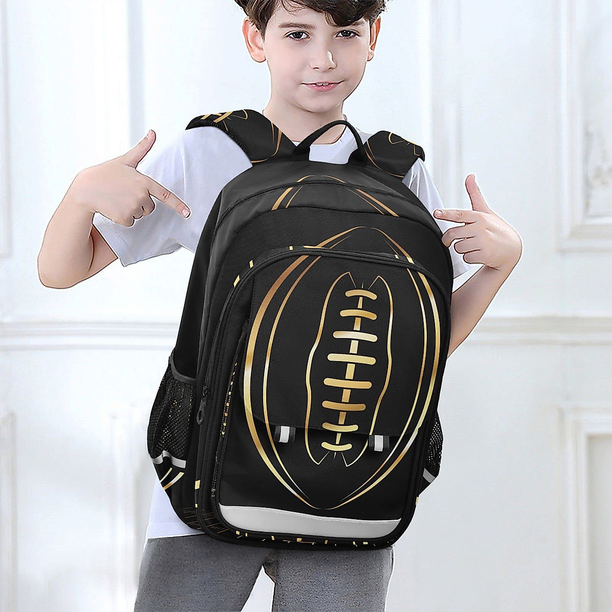 Glaphy American Football Gold School Backpack Lightweight Laptop Backpack Student Travel Daypack with Reflective Stripes