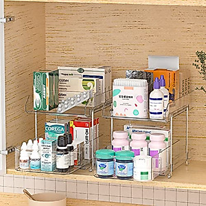 SANNO 2 Tier Clear Organizer with Dividers, Kitchen Pantry Pull-Out Under Sink Organizer Sliding Storage Drawers Baskets, Medicine Bins Bathroom Vanity Counter Organizing Tray