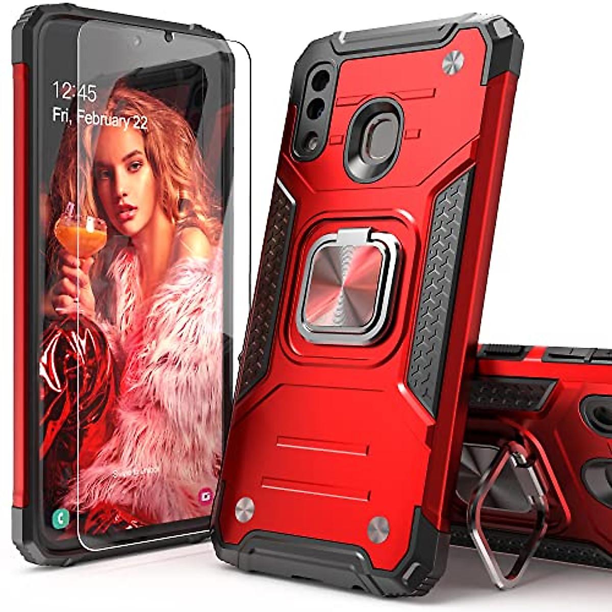 IDYStar Galaxy A20 Case with Screen Protector, Galaxy A30 Case, Shockproof Drop Test Cover with Car Mount Kickstand Lightweight Protective Cover for Samsung Galaxy A20/A30, Red