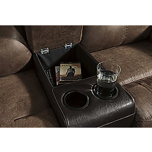 Signature Design by Ashley Follett Faux Leather Manual Pull Tab Reclining Loveseat with Center Console, Two Tone Brown