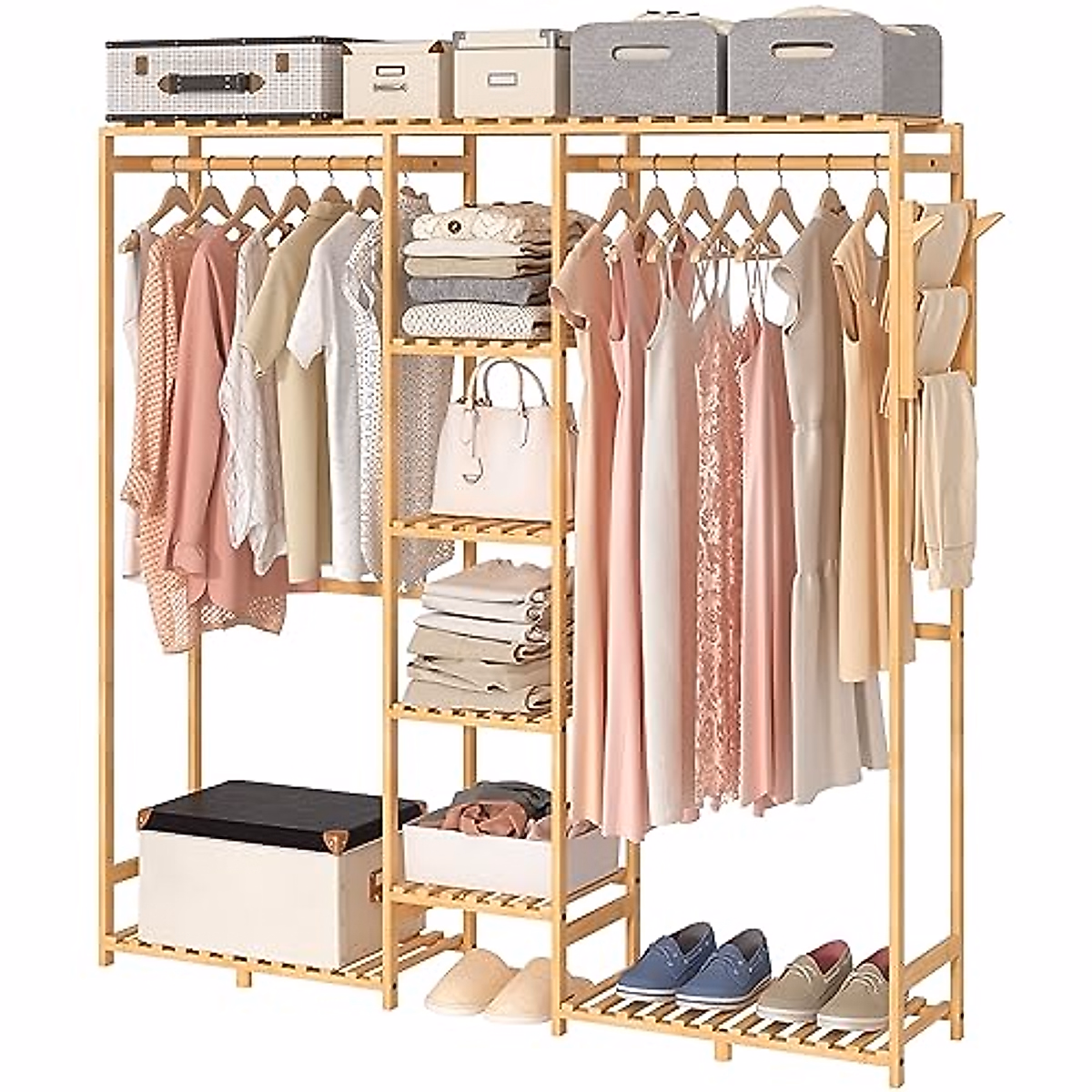 UDEAR Garment Rack Bamboo Clothes Rack for Hanging Clothes,Clothing Racks Storage Organizer with 2 Rods,5 Shelves and 2 Hooks,Multi-Functional Wardrobe Closet