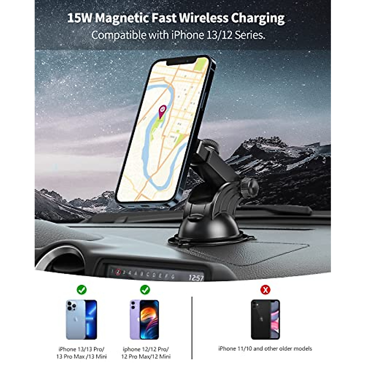 Magnetic Wireless Car Charger, 18W Fast Mag Safe Car Charging Dashboard Mount with Adjustable Metal Air Vent Hook Compatible with iPhone 14/13 Pro/13 mini/12/12 Pro/12 Pro Max/12 Mini