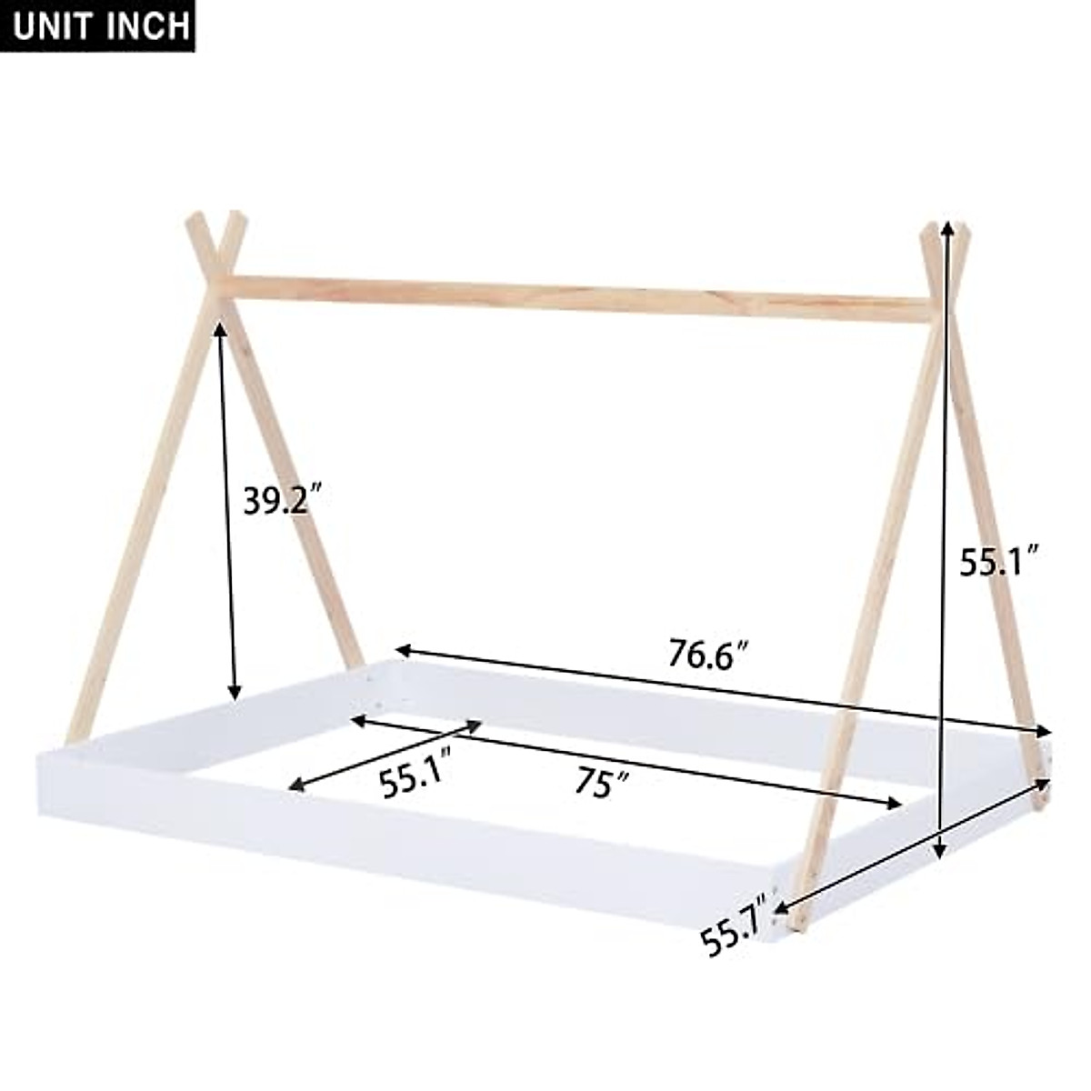 anwickjeff Full Size Tent Floor Bed with Triangle Structure, Moden Full Teepee Bed Platform Bed Frame,Wood Montessori Floor Bed for Kids Girls Boys (White+Natural)
