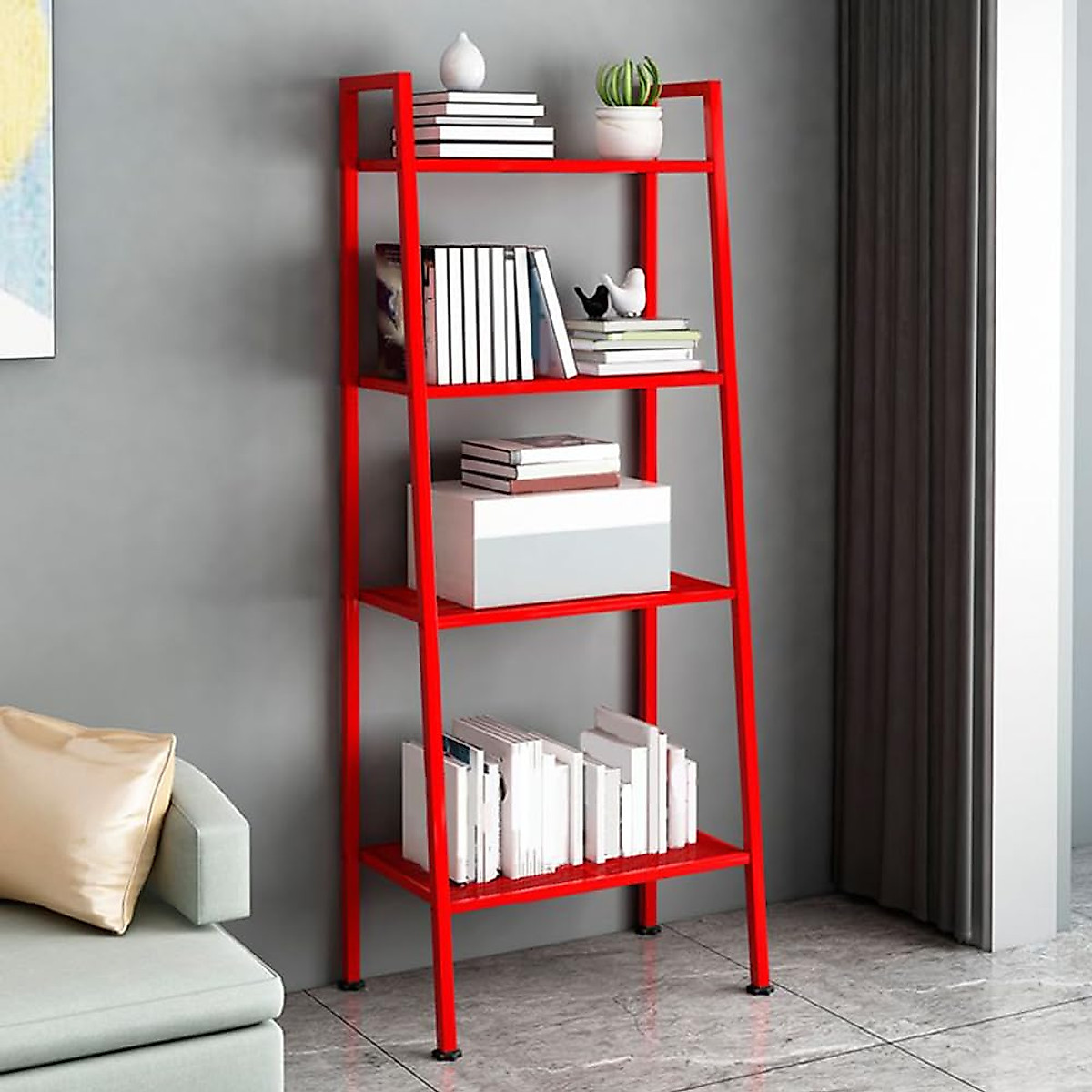 Ladder Metal Bookshelf Modern Bookcase with Rectangular Shelves Storage Rack Kitchen Storage Rack Multi-layer Bookshelf Floor-to-ceiling Trapezoidal Balcony Flower Stand Red(24"L x 14"W x 58"H, Red)