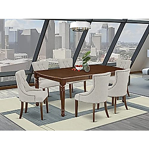 East West Furniture DOFR7-MAH-05 7Pc Dinette Set Includes a Rectangular Kitchen Table with Butterfly Leaf and Six Parson Chairs with Doeskin Fabric, Mahogany Finish