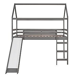 LostCat Twin Size Loft Bed with Slide, House Shaped Solid Pine Wood Bed Frame with Safety Guardrail & Ladder, No Box Spring Needed, Save Space Design for Kids, Teens, Girls, Boys, Grey