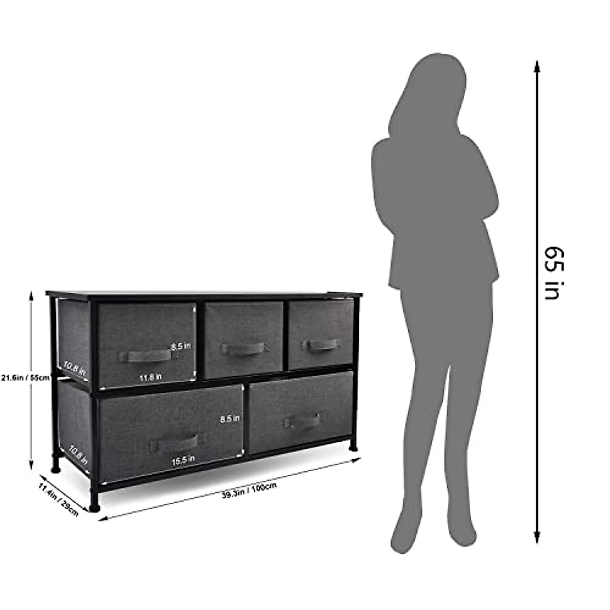 CERBIOR Wide Drawer Dresser Storage Organizer 5-Drawer Closet Shelves, Sturdy Steel Frame Wood Top with Easy Pull Fabric Bins for Clothing, Blankets - Charcoal