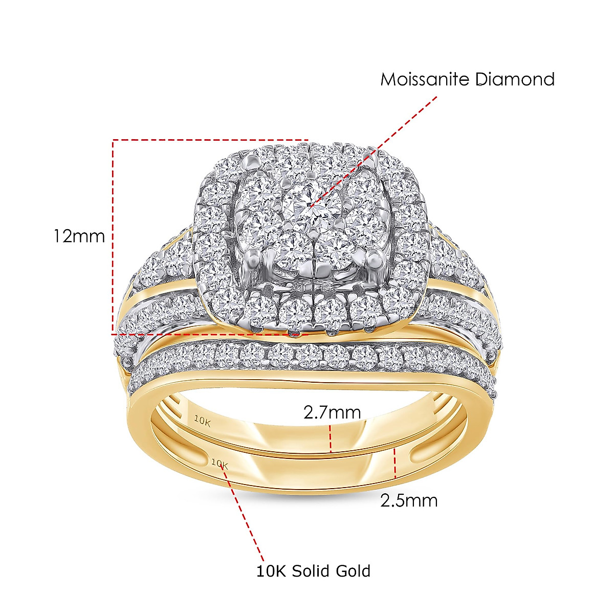 SAVEARTH DIAMONDS 1 1/4 CTTW Round Cut Lab Created Moissanite Diamond Double Halo Bridal Set Wedding Ring In 10K Solid Yellow Gold (VVS1 Clarity, 1.25 Cttw)-8