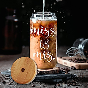 FlyweightZ Bride Gifts for Her - 16oz Miss To Mrs Glass Cup for Wedding Gifts - Bridal Shower Gifts for Bride - Bride To Be Gifts for Bachelorette Party Favors - Cute Cups for Engagement Gifts