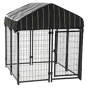Lucky Dog 4 Feet Uptown Welded Steel Wire Mesh Secure Outdoor Dog Kennel Playpen Crate with Waterproof Cover and Lockable Gate, Black