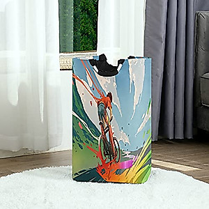 xigua Young Man Riding Bicycle With Colorful Energy Large Laundry Basket, Collapsible Clothes Hamper with Handles Tall Foldable Clothes Bag for Family Bedroom Bathroom Student Dormitory, 12.6 x 11 x 2
