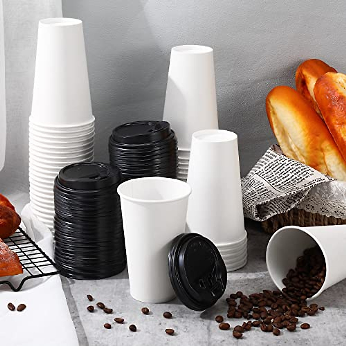 EBOOT 200 Pack Disposable White Paper Coffee Cup with Lids to Go Coffee Cups Bulk Hot/Cold Beverage Drinking Cups, Hot Paper Cups Bundle for Party Travel Home Restaurant Cafe (12 OZ)