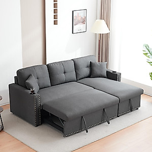 Payeel L Shape Sleeper Sectional Sofa with Storage Chaise Lounge, 83" Pull Out Convertible Sofa Bed with Cup Holder, 3 in 1 Sofa Sleeper Couch for Living Room, Apartment