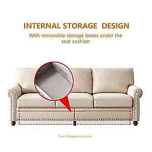 KoiHome Upholstered Sofa with Storage, Sleeper Couch Chaise with Nail Decoration, Modern 3-Seater with Seat Cushion & Wood Leg, Furniture for Living Room,Bedroom,Office,Relax Lounge, Polyester, Beige