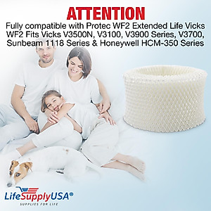 LifeSupplyUSA Humidifier Filter Compatible with Protec WF2 Extended Life Vicks WF2; Fits Vicks V3500N, V3100, V3900 Series, V3700, Sunbeam 1118 Series & Honeywell HCM-350 Series;