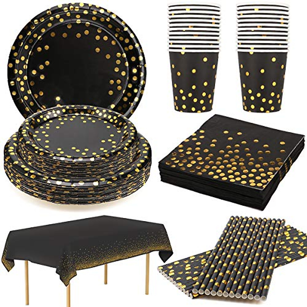 24 Guests Black and Gold Party Supplies Disposable Party Plates Tableware Cups Napkins Straws Table Cloth for 18th 50th 70th Birthday Party 1920s Cocktail Halloween Plates Gold Dot Black Paper Plates