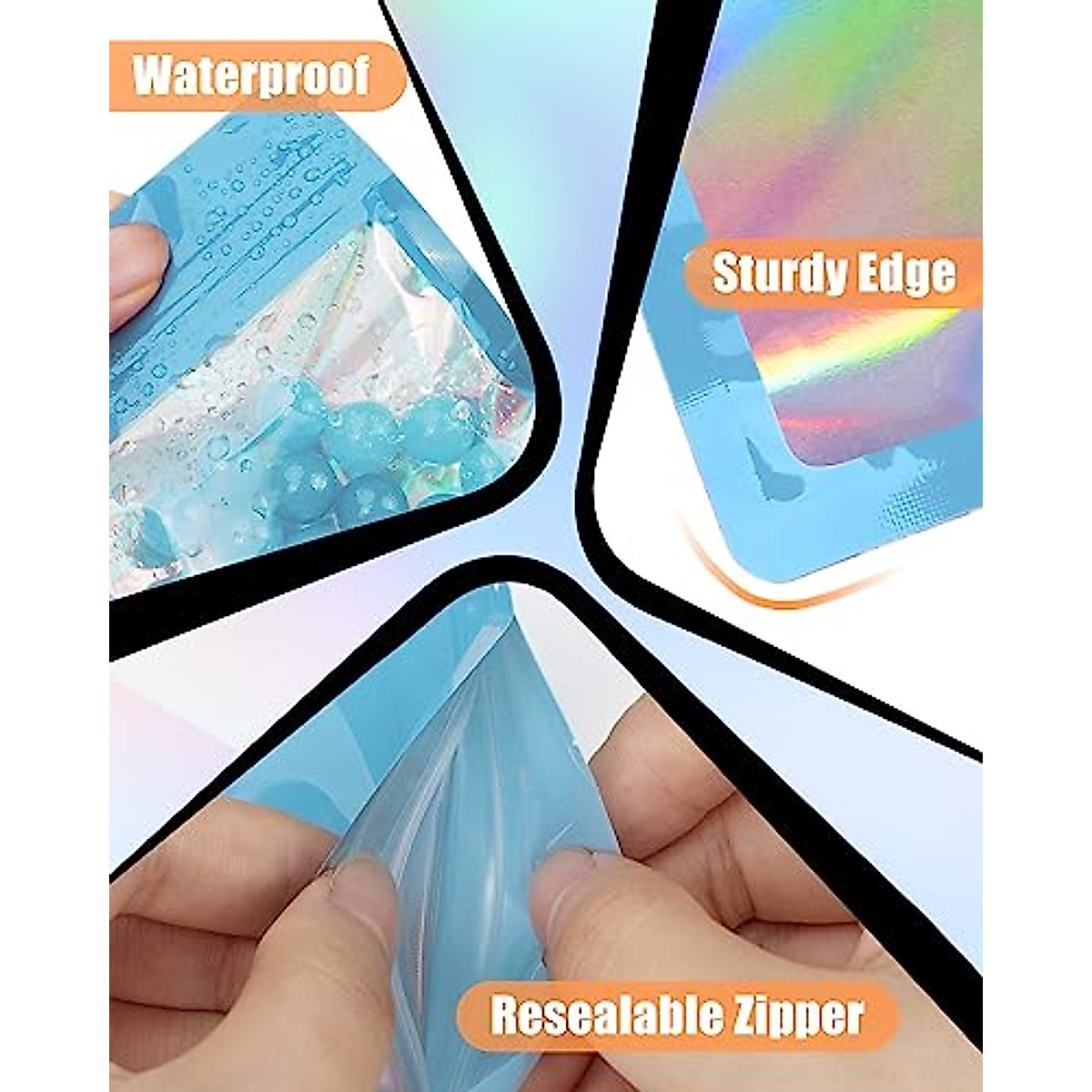 Holographic Bags Packaging Bags 300 PCS Blue Resealable Bags with Clear Window for Food Storage Small Business (Outer Size 3.54x5.31 Inch/Inner Size 3x4 Inch)