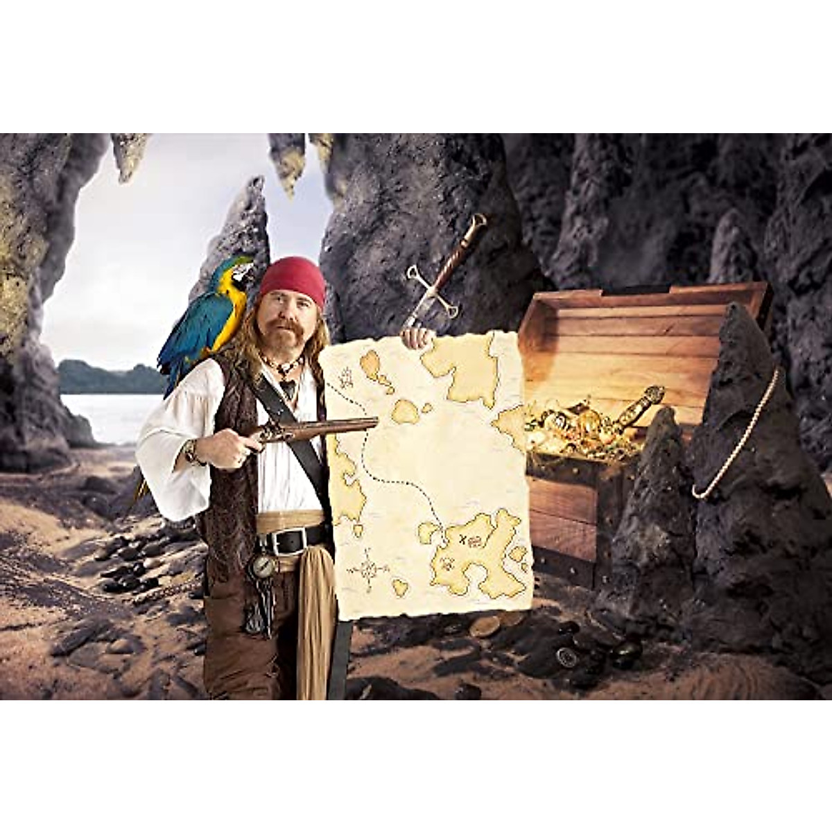 Renaiss Treasure Chest Backdrop for Photoshoot Adults Kids Portrait Adventure Gold Island Photography Background Sword Skull Jewellery Coins Sea Cave Pirate Party Decor 10x8ft Banner Photo Booth Props