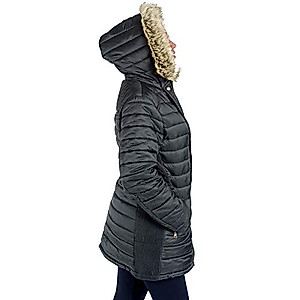 Facitisu Women's Quilted Jacket Winter Puffer Mid Length Coat Fur Trim Removable Zip-Off fHood (Black, 1XL)