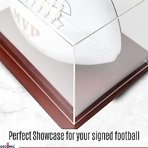DECOMIL - Football Display Case Holder, Football Case, UV Protection No Assembly Panels, All 4 Sides Visible, Solid Wood Base - Cherry Finish