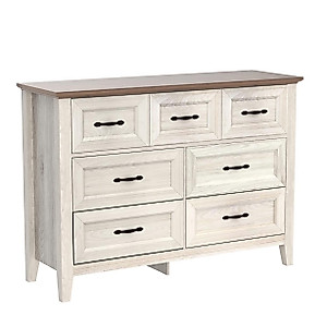 LINSY HOME Dresser for Bedroom, 7 Drawer Dresser with Metal Handles, White Chest of Drawers for Living Room, Entryway and Hallway, White Beige