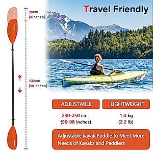 WONITAGO Kayak Paddles Carbon Fiber Shaft Paddle with Nylon Blades, Floating Adjustable Kayaking Oars, 3 Piece, 230-250 cm/90-98 Inches Orange