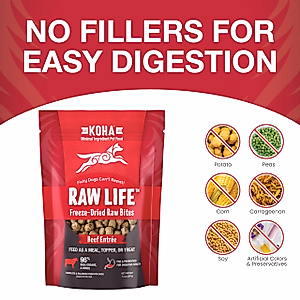 KOHA Raw Life Freeze-Dried Raw Bites Beef for Dogs, High Protein Meal, Topper, and Treat for Picky Eaters, 14oz Bag