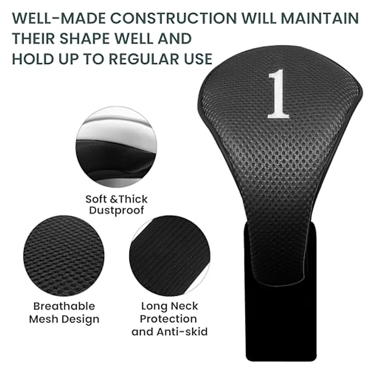 FINGER TEN Golf Club Head Covers Woods Driver Fairway Hybrid 3/4/5 Set, Headcovers Men 1 3 5 7 X Interchangeable Number Tag, Fit All Wood Clubs (3 Pack-Black(1D+1F+1H))