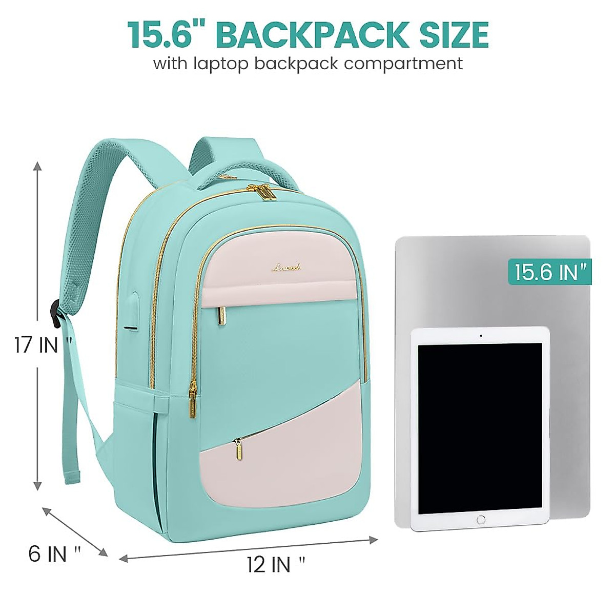 LOVEVOOK Laptop Backpack for Women,15.6 Inch College Travel Computer Back Pack, Backpacks with USB Port,Work Business Water Resistant Bag with Laptop Compartment for Teacher Nurse,Green-White