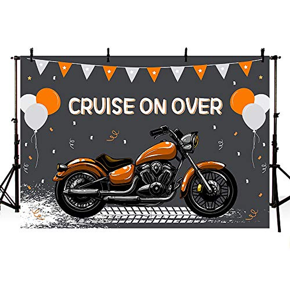 MEHOFOND Motorcycle Boy Birthday Party Backdrop Props Boy Happy 1st Birthday Cruise On Over Ride Photography Orange Silver Balloons Background Photo Banner for Cake Table Supplies 7x5ft
