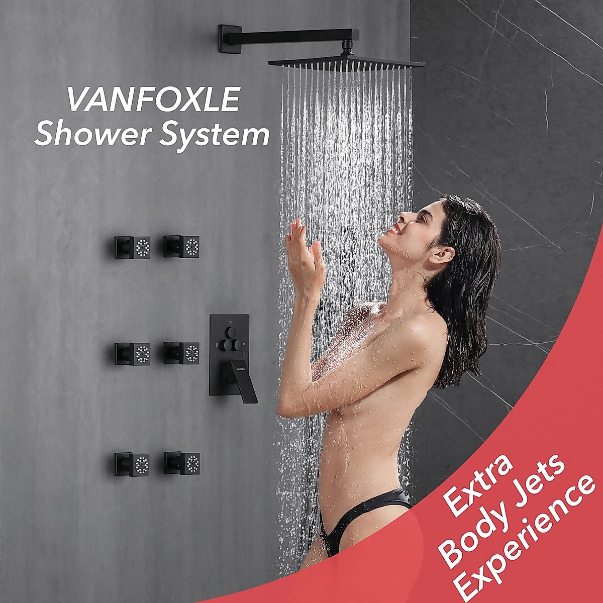 VANFOXLE Shower Faucet Set Matte Black Shower System,Push Button Diverter Shower Faucet with 2 in 1 Handheld,Wall Mount 10 Inch Shower Head with 6 PCS Dual Modes Body Jets(2 Inch)