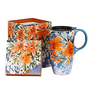 Topadorn Ceramic Coffee Mug Travel Cup Gift with Lid 17oz., Porcelain Tall Tea Cup with Handle for Home & Office, Orange Flower Art Pattern Mug in Gift Box, 6.5" H