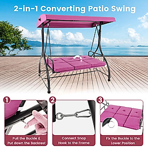 Tangkula 3 Person Porch Swing, 2-in-1 Convertible Patio Swing Bed with Removable Cushions, Solid Steel Structure, Outdoor Swing with Adjustable Canopy for Backyard, Balcony, Poolside (Wine)