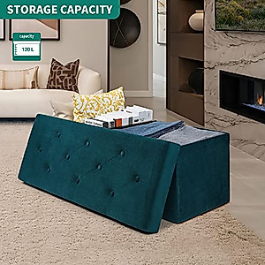 YITAHOME 43 Inches Folding 120L Storage Ottoman Bench, Velvet Footrest with 35mm high Elasticity Sponge seat and Metal Frame for Sturdiness- Holds Upto 680 Lbs (Dark Teal)