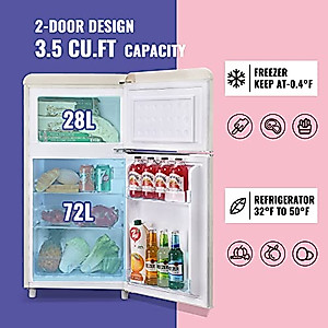 DEMULLER Mini Refrigerator 3.5 Cu.Ft Dual Door Fridge with Handle Adjustable Temperature with Top Mount Freezer Ideal for Home, Office, Dorm White