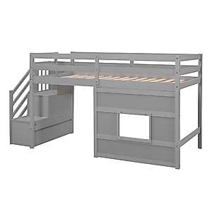 Low Loft Bed with Stairs, Twin Size Storage Loft Bed Frame with Staircase and Window, Wood Kids Loft Bed with Steps for Boys Girls Teens, Gray