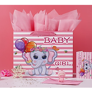 Jaywayang 12.6" Large Baby Girl Gift Bag with Tissue Paper and Greeting Card for Baby Shower, Baby Girl Birthday, New Parents, and More.