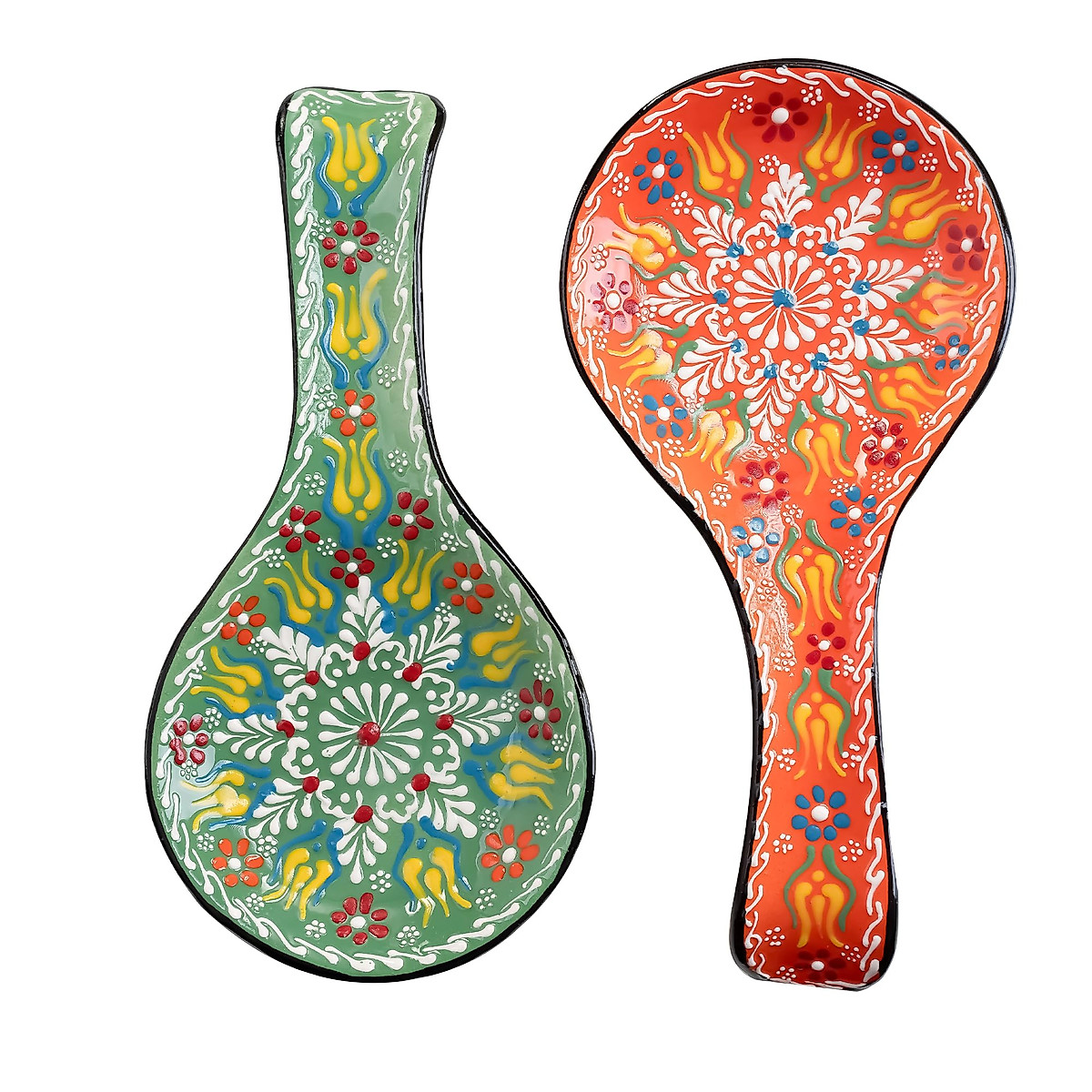 BCS Spoon Rest Set of 2 - Ceramic Spoon Holder for Stovetop & Kitchen Counter - Dishwasher Safe Handmade Kitchen Utensil (Green-Orange 4.5” W x 9" L)