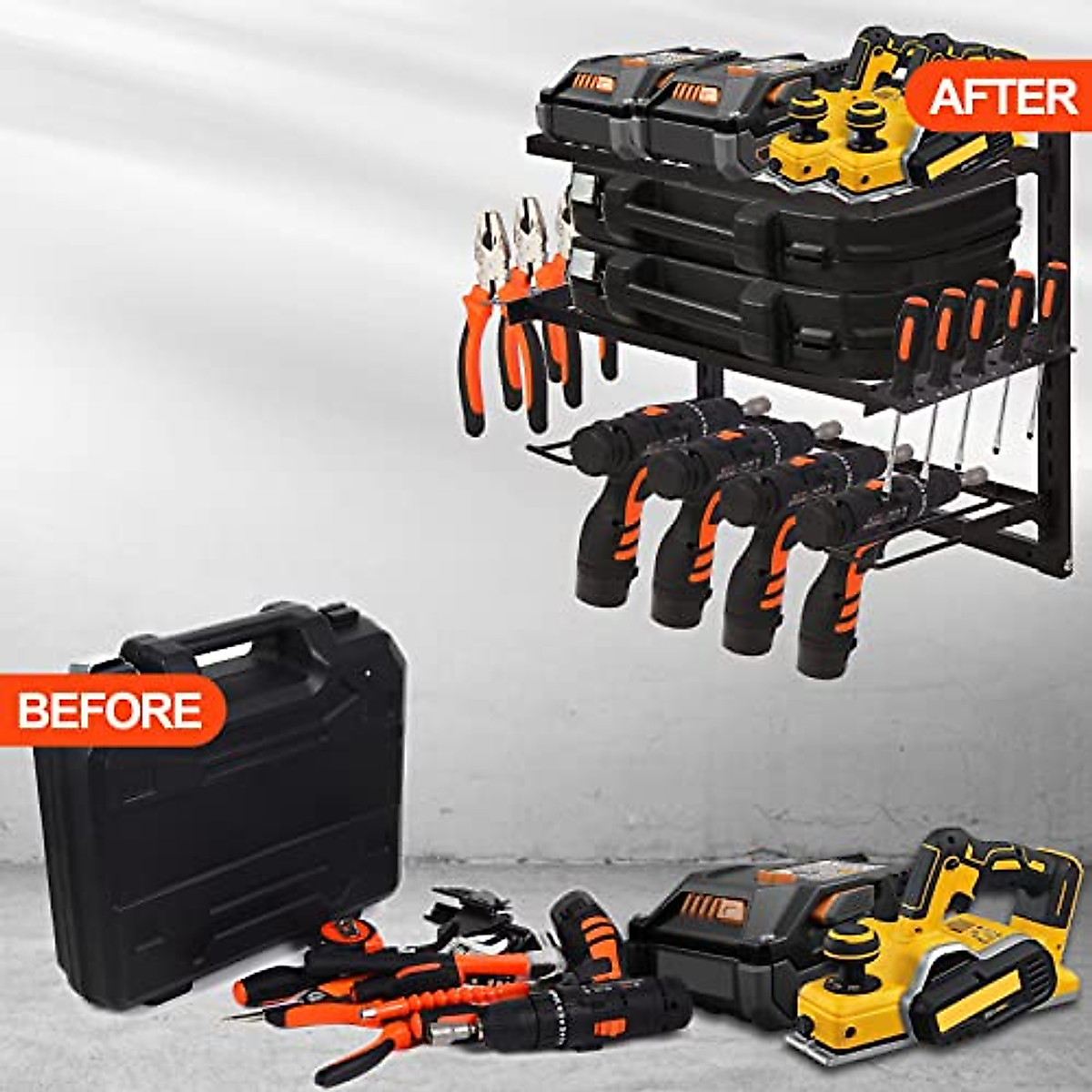 QUKEEO Power Tool Organizer,Power Tool Organizer Wall Mount & Drill Holder Wall Mount Garage Storage Rack,Open design, ideal for hand-held and power tool storage.(Black)