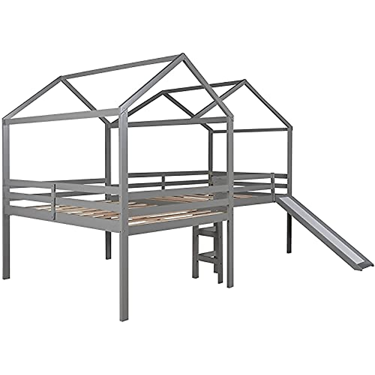ATH-S L-Shape Loft Beds Full House Loft Bed with Slide Low Loft Bed Frame for 2, Wood Gray Playhouse Loft Bed for Girls Boys Teens (Color : Gray Full House Bed)