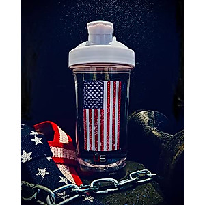 American Flag USA Shaker Bottle | 24 oz | Distressed Grunge Texture with Tri-colored USA Print || Made from Durable Tritan Plastic || Patriotic Protein Mixer