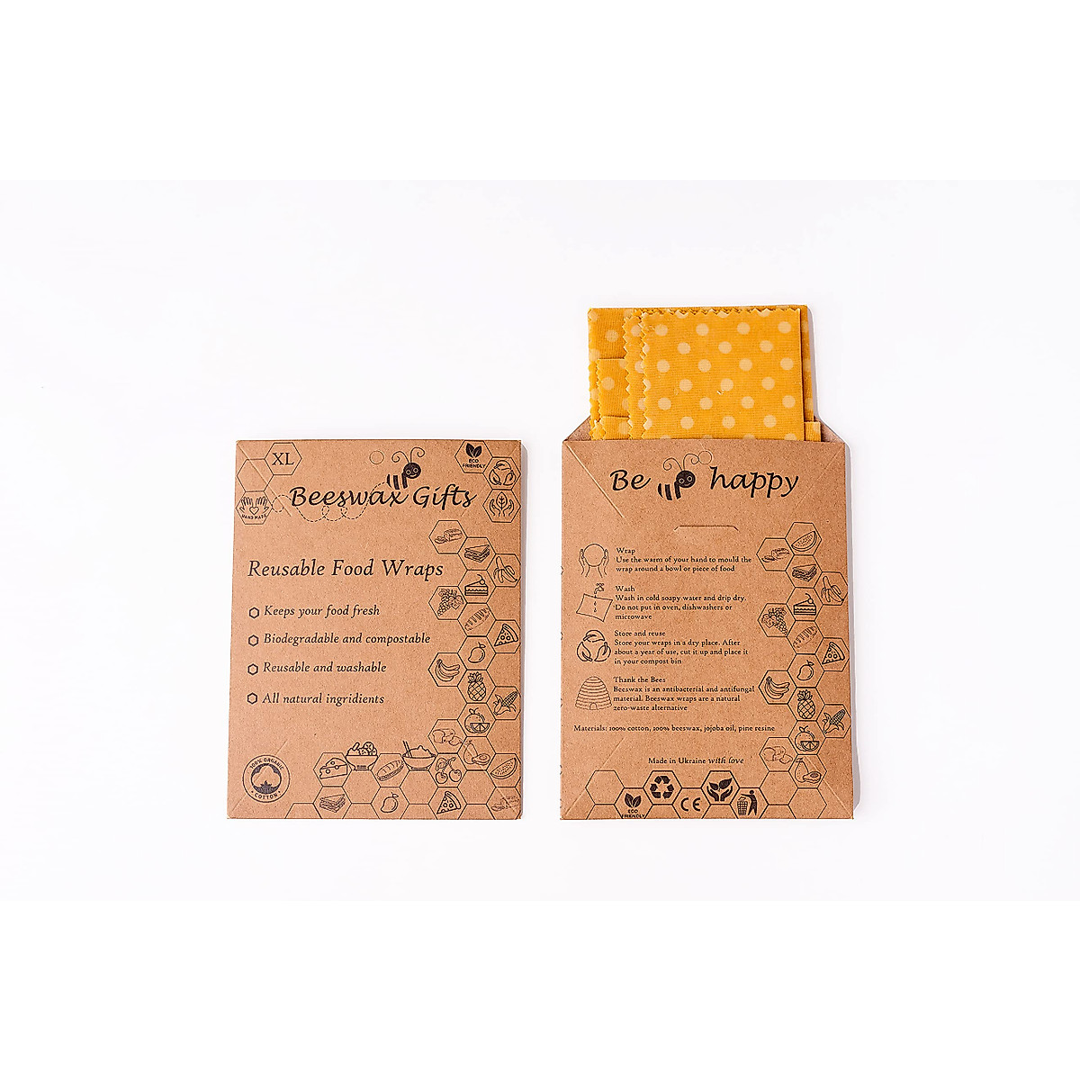 Beeswax Gifts Reusable Beeswax Wrap Set of 6, Washable and Sustainable Food Wraps with Jojoba Oil, Cotton Bees Wax Food Storage Covers For Fruits, Vegetables, Bread, Produce (Made in Ukraine)