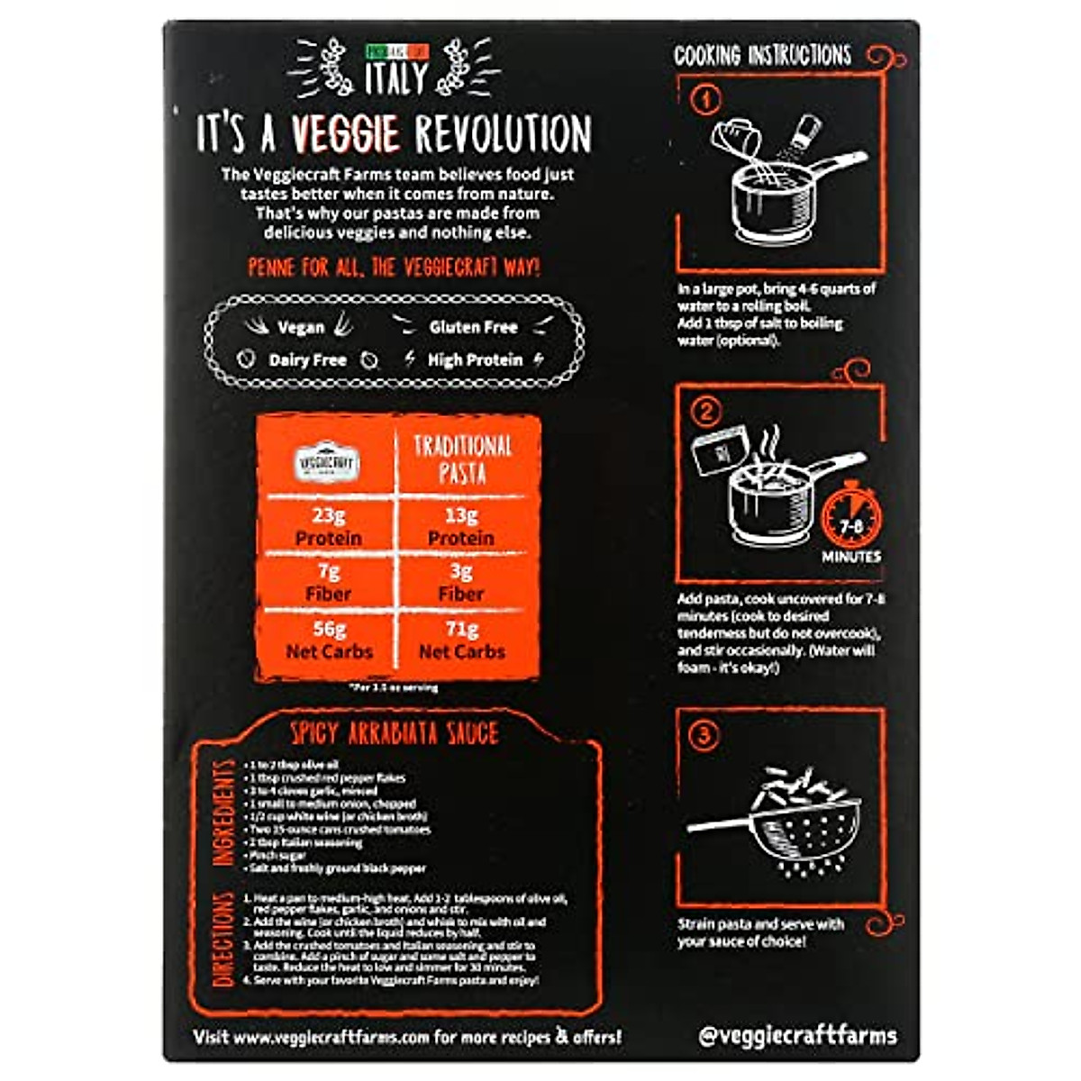 Veggiecraft Farms Penne Pasta - Low Carb Pasta, High Protein, Made with Sweet Potato, Lentil & Peas, Gluten Free, Plant Based Pasta Noodles, High Fiber, Vegan, Kosher, Non-GMO - 8 Ounce